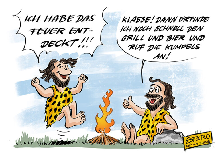 cartoon-karikatur-Cartoon - Grillen - Feuer entdeckt - Roth-Cartoons