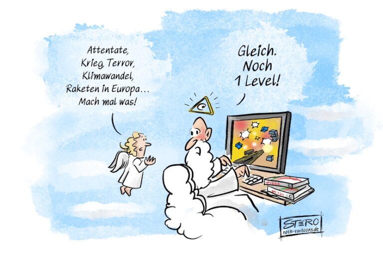 cartoon-karikatur-Cartoon - Gott zockt am Computer - Roth-Cartoons